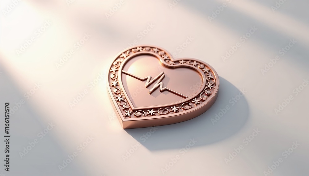 3D rose gold heart with intricate ECG line design and floral border on ...