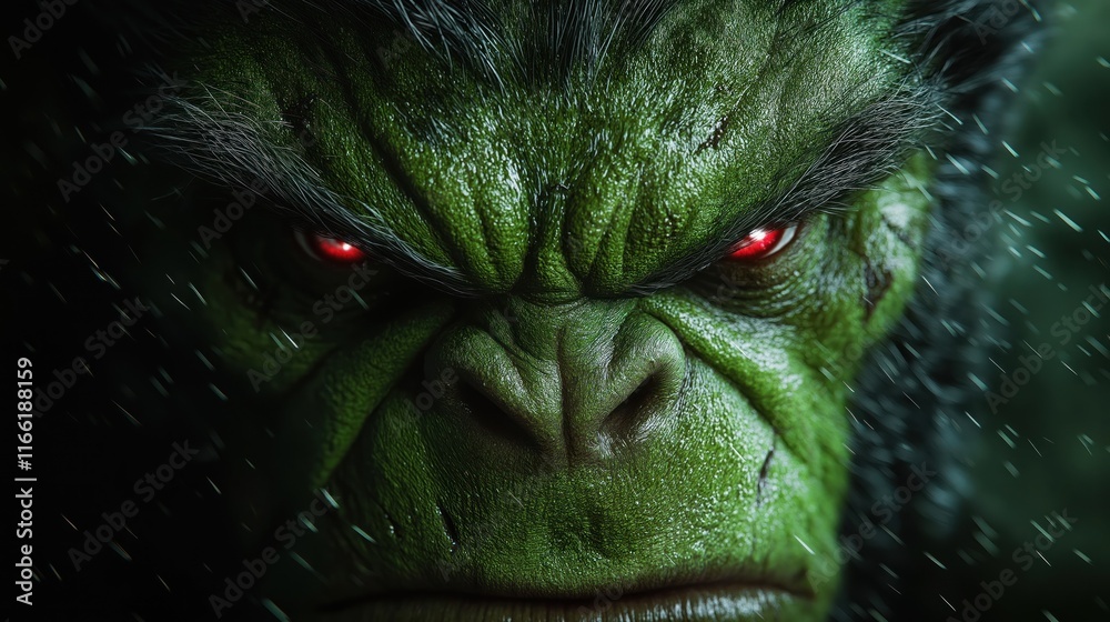 Angry green creature with intense red eyes. Close-up portrait of ...