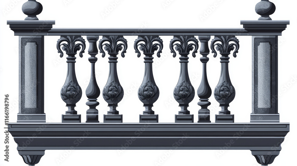 3d black balcony balustrade with roman stone pillar. Palace porch fence ...