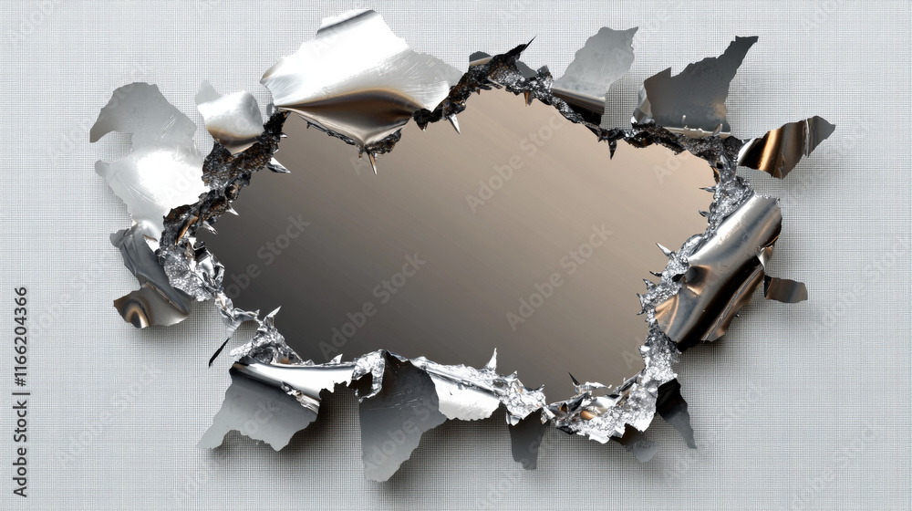 Ragged hole in steel sheet with transparent background. Metal break ...