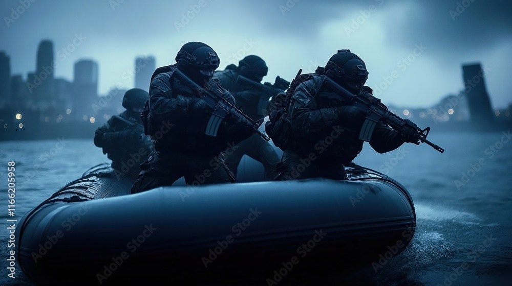 Navy SEAL team exits black inflatable boat at night. Soldiers in tactical combat gear. City ...