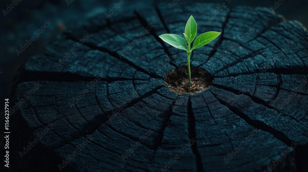 Small vibrant sprout grows from old charred tree stump. New life ...