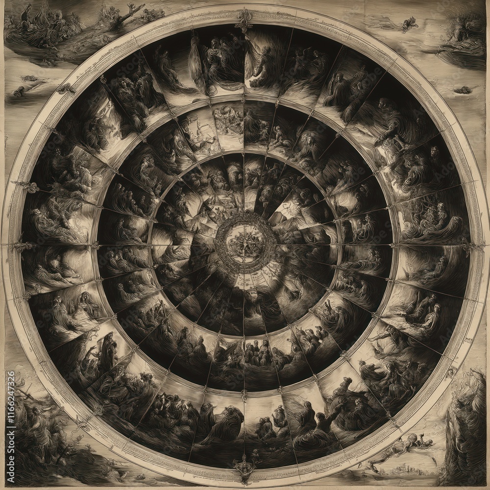 Stock-Illustration „Circular engraving Last Judgment. Heaven, hell ...