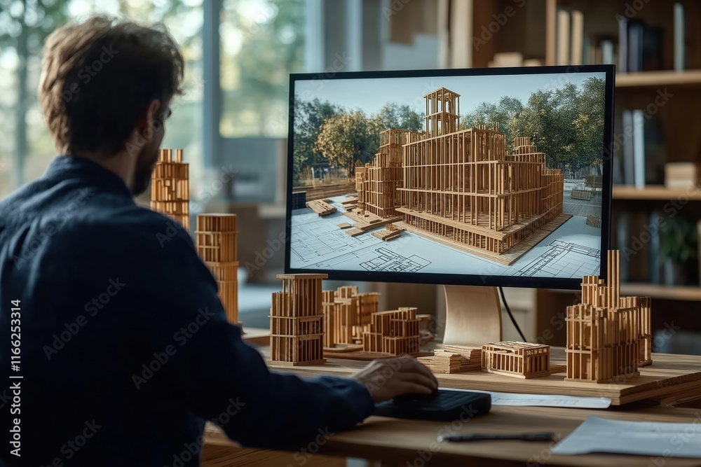 Architect works on structural calculations for wooden residential ...