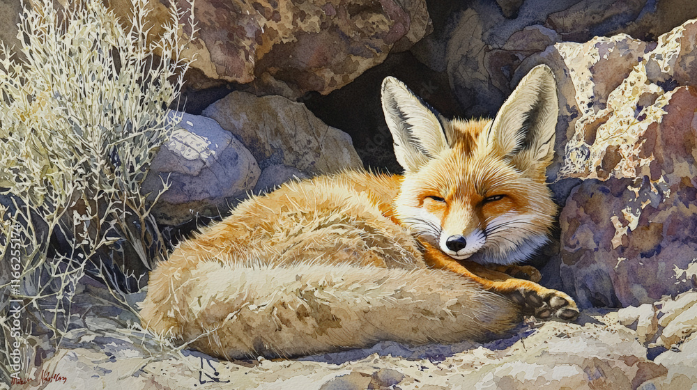 rare Blanford fox resting in desert habitat, showcasing its unique ...