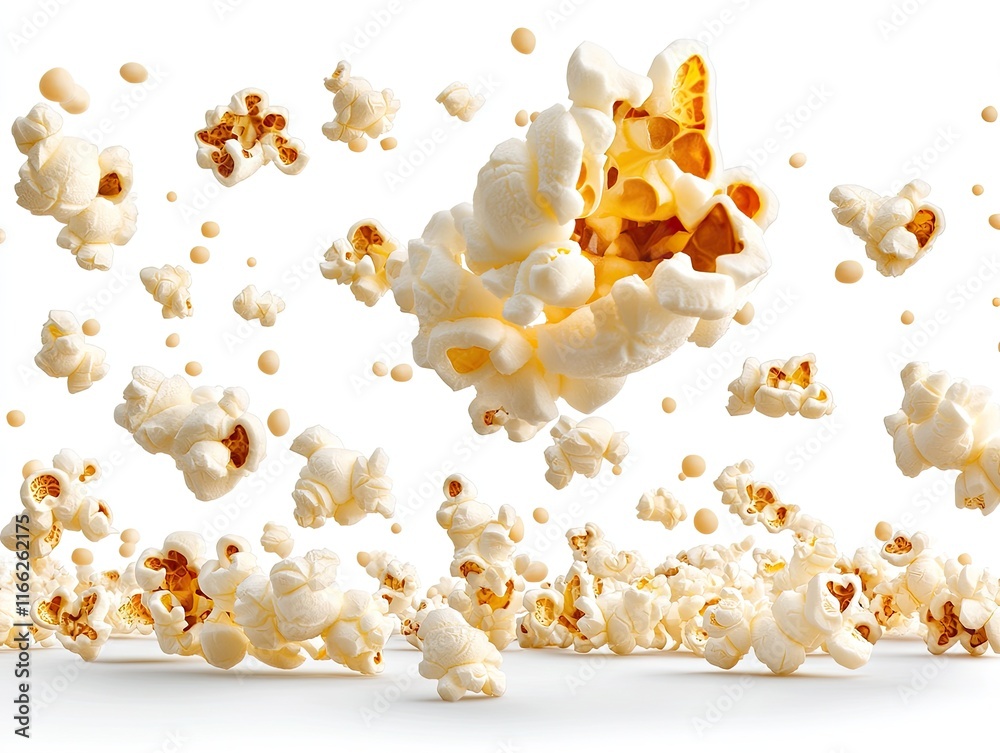 Explosive popcorn kernels floating and flying in dynamic motion ...