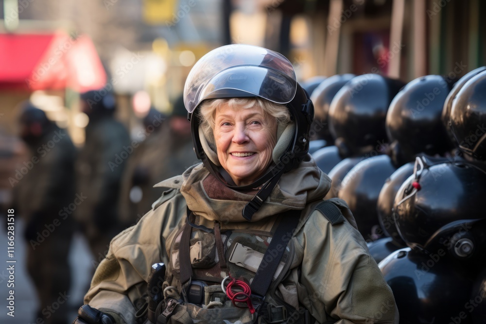 Mature woman in military uniform and helmet on the background of riot ...