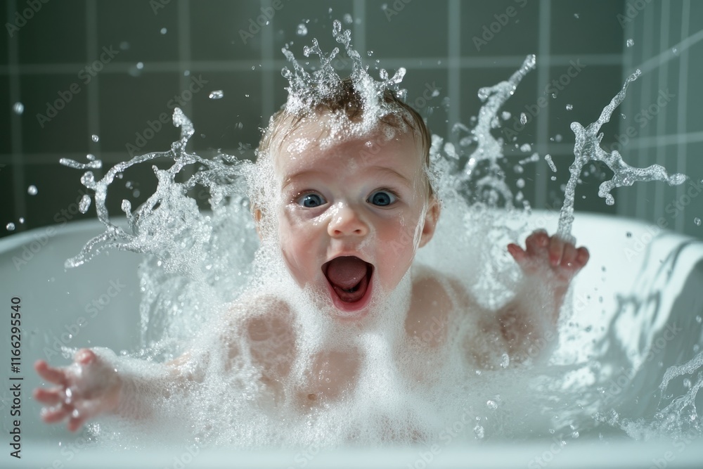 Joyful baby splashing in a bathtub while creating a playful water ...