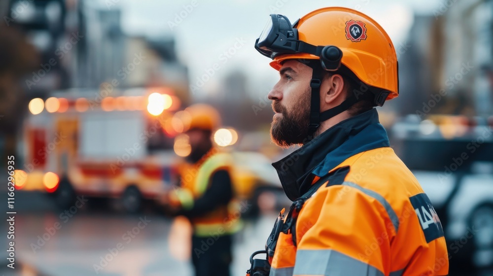 Emergency response personnel wearing helmets and safety gear during a ...