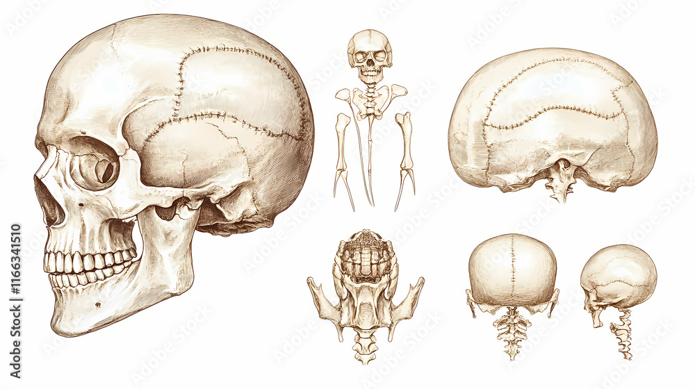Human skull anatomy anterior view detailed illustration of cranium and ...