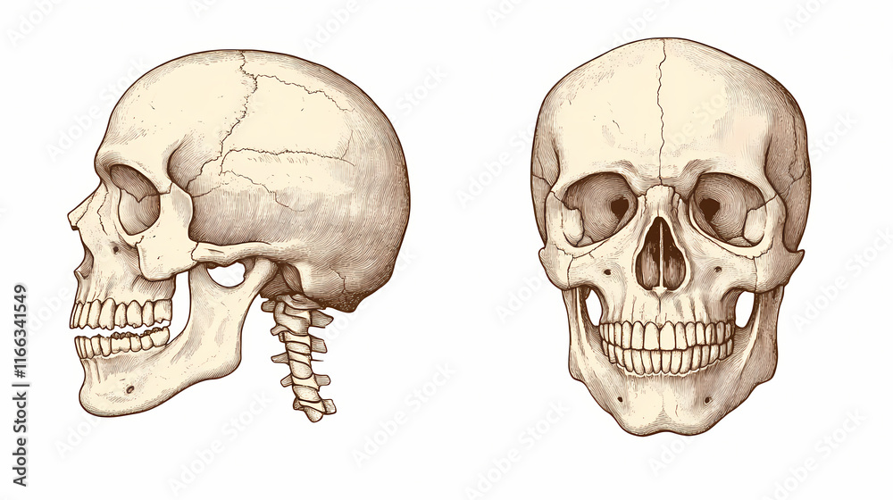 Human skull anatomy anterior view detailed illustration of cranium and ...