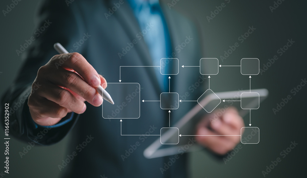 Businessman touch virtual screen of flowchart for business process and ...