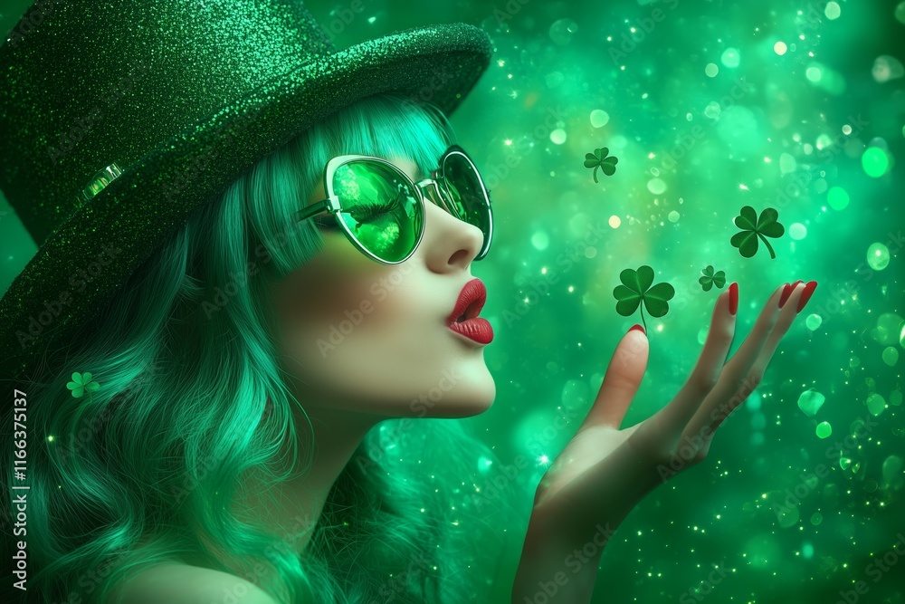 St. Patrick's Day leprechaun model girl pointing hand, blows a kiss ...