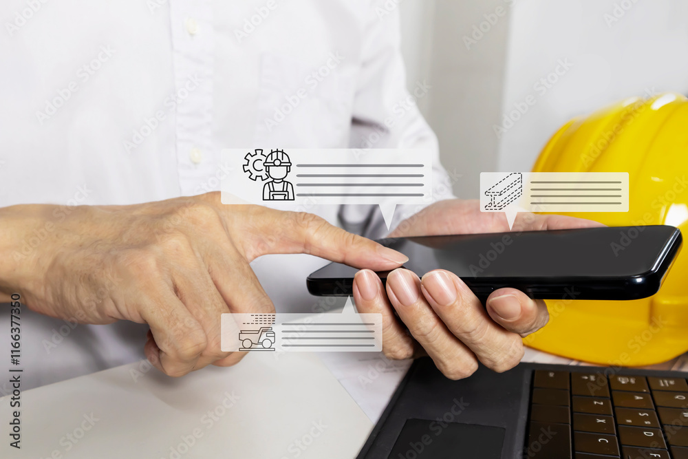 Engineering staff use mobile phones to check the work and send the work ...