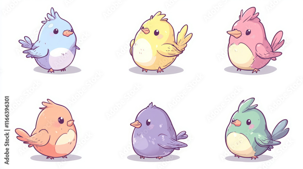 adorable chubby cartoon birds pastel illustration set with kawaii ...
