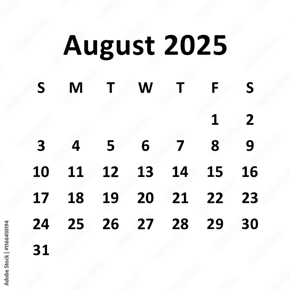 August 2025. monthly calendar design with week starts on sunday ...