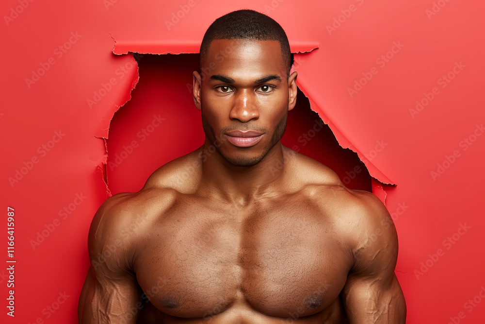 Muscular African American man emerging from hole on red paper ...