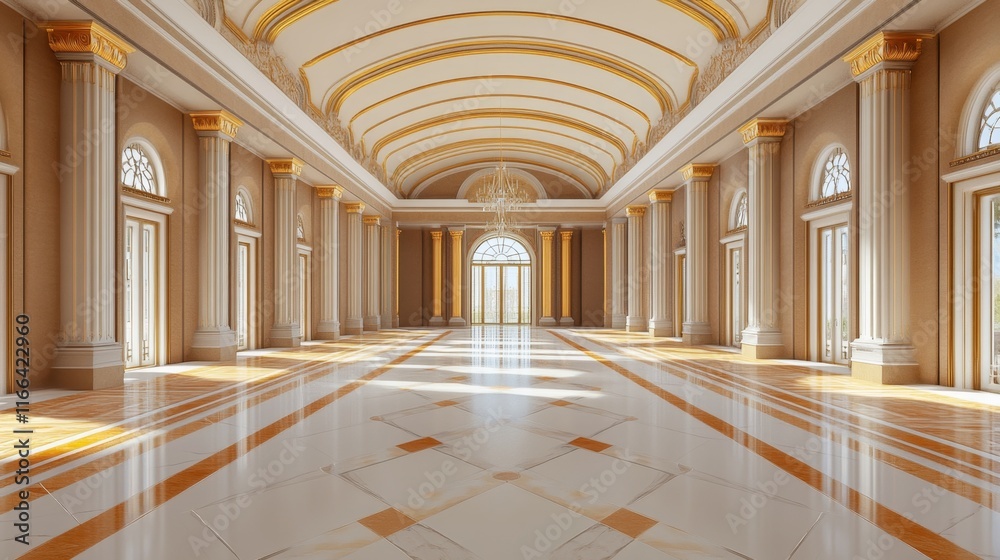 Grand hall with marble floor, columns, and arched ceiling. Stock Photo ...