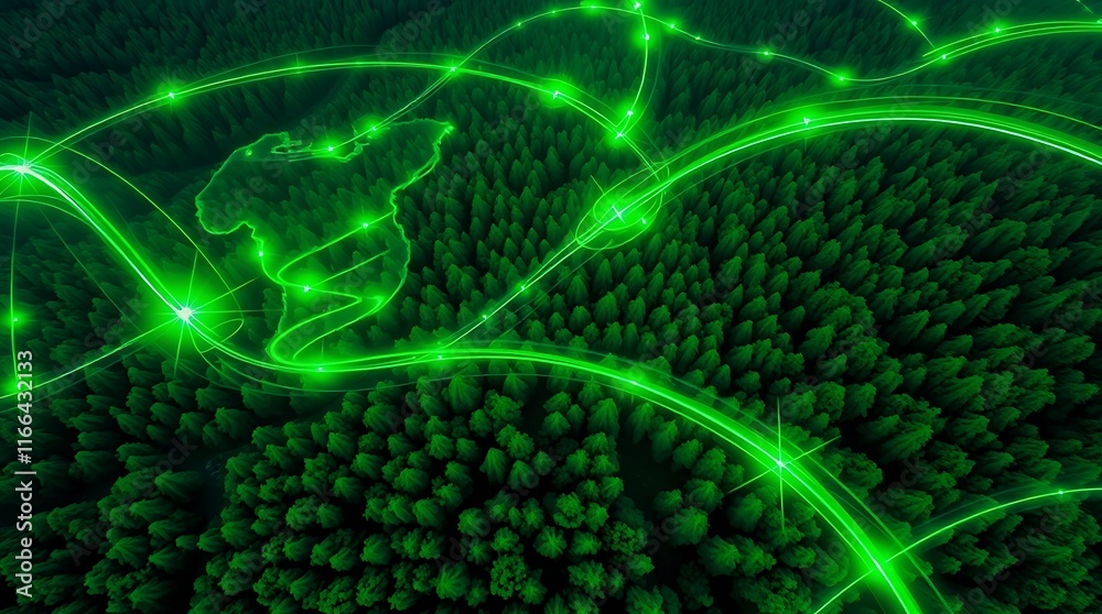 an aerial view of a lush green forest in 2025, a world map incorporated ...