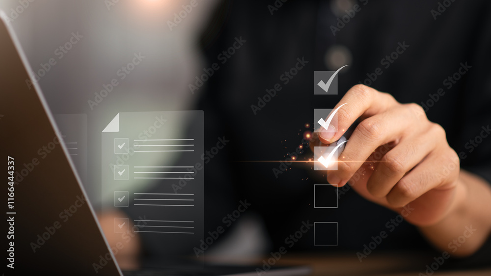 inspector makes mark on the survey topic ,Checklist with checkmarks and ...