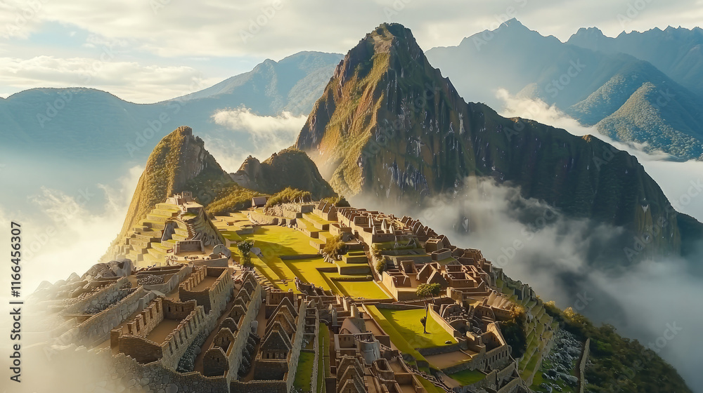 Foto de Stock Machu Picchu aerial view at sunrise shrouded in mist atop ...