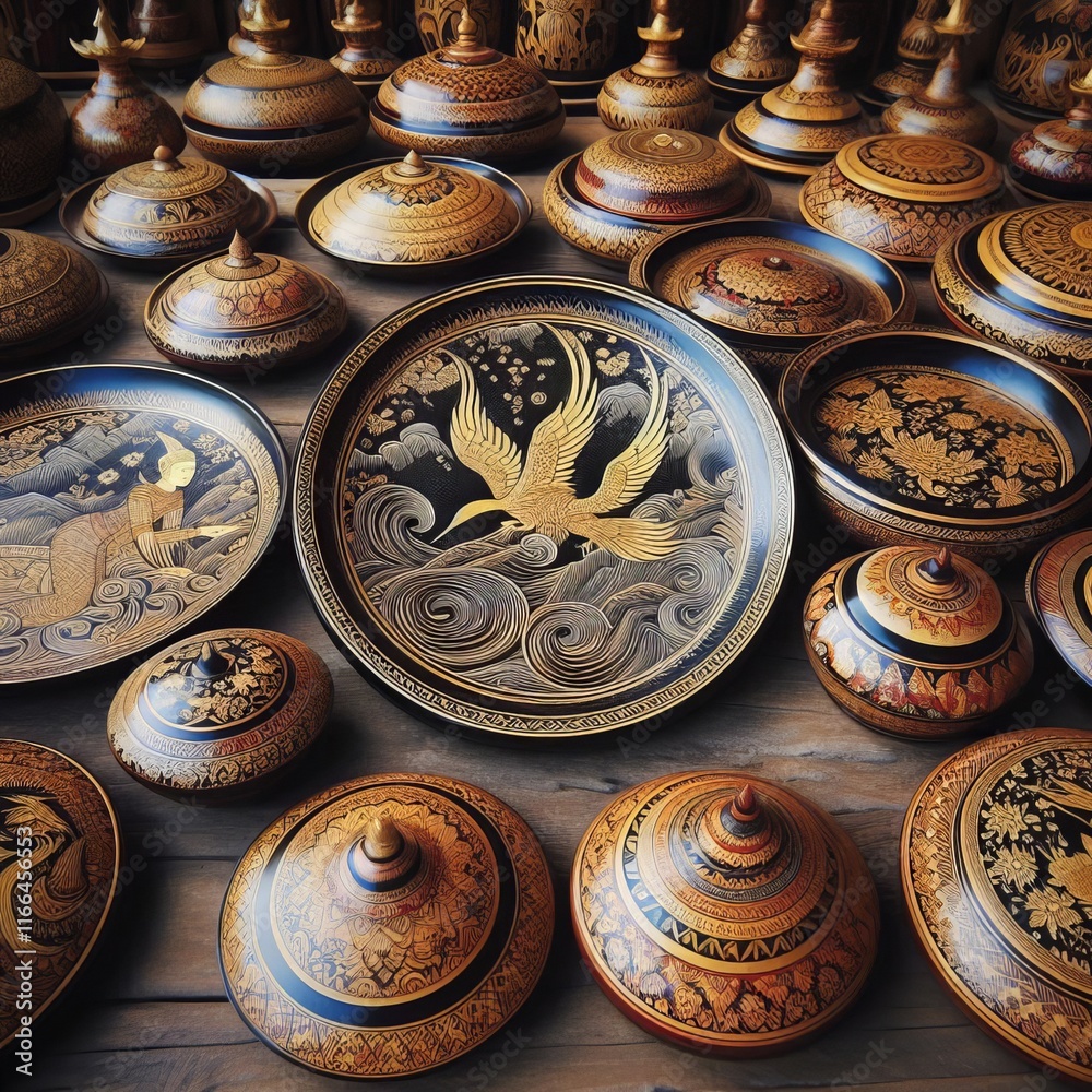Myanmar Lacquerware Depict handcrafted lacquerware with designs Stock ...