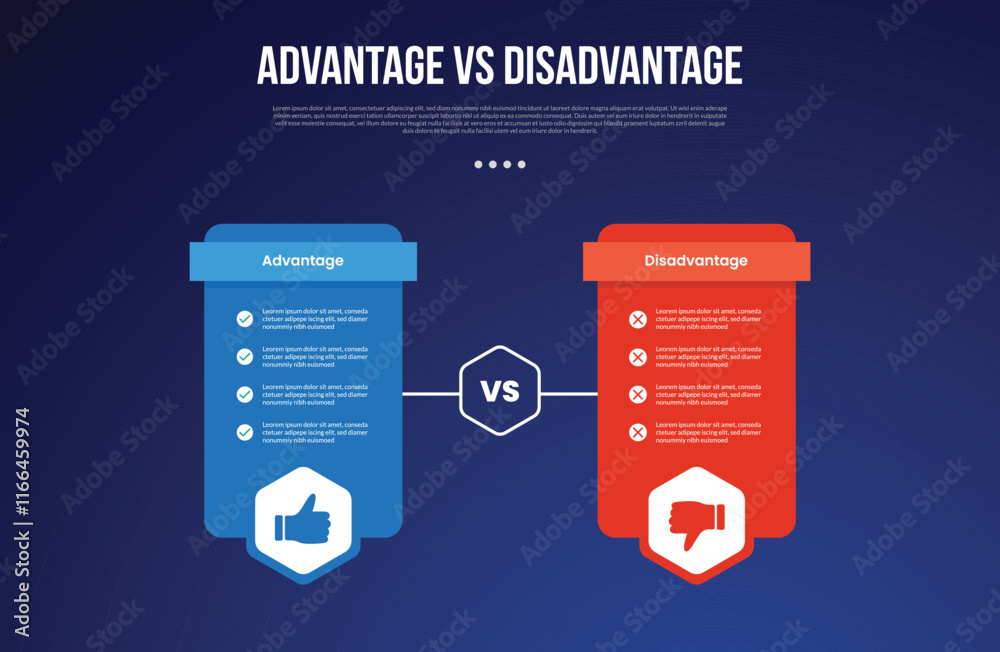 advantage vs disadvantage infographic for comparison data with table price box with hexagon ...