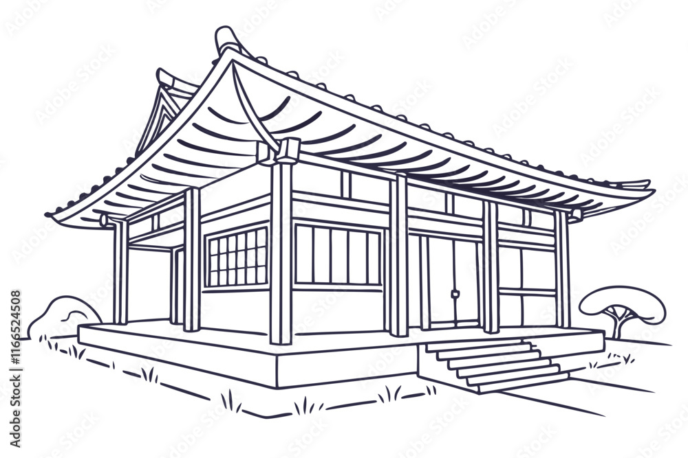 Traditional Hanok Korean House Design in Detailed Line Art Vector ...