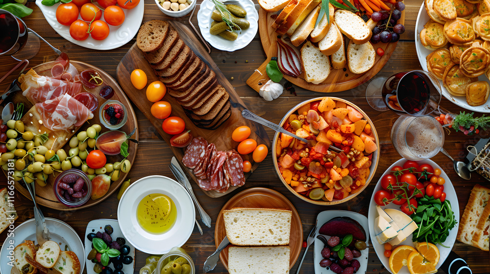 Full table of delicious Dinner party table European foods and drinks ...