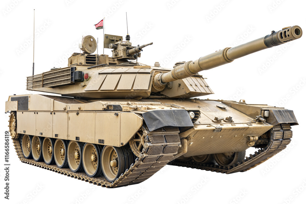Modern Military Tank with Large Cannon - Isolated view of a modern tan ...