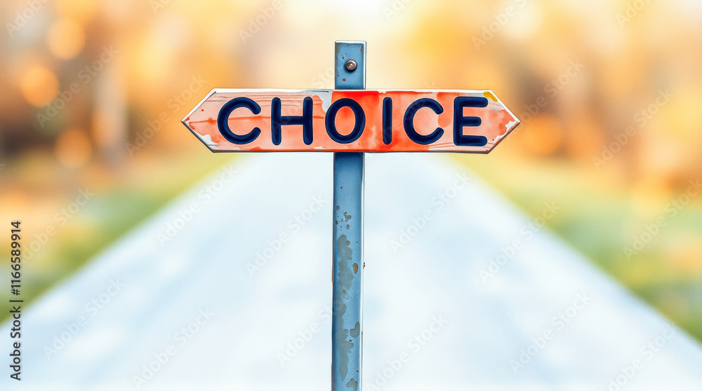 weathered signpost displays the word choice on a pale road splitting ...