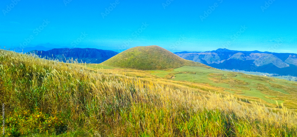 Mount Aso, or Aso Volcano, the largest active volcano in Japan stands ...