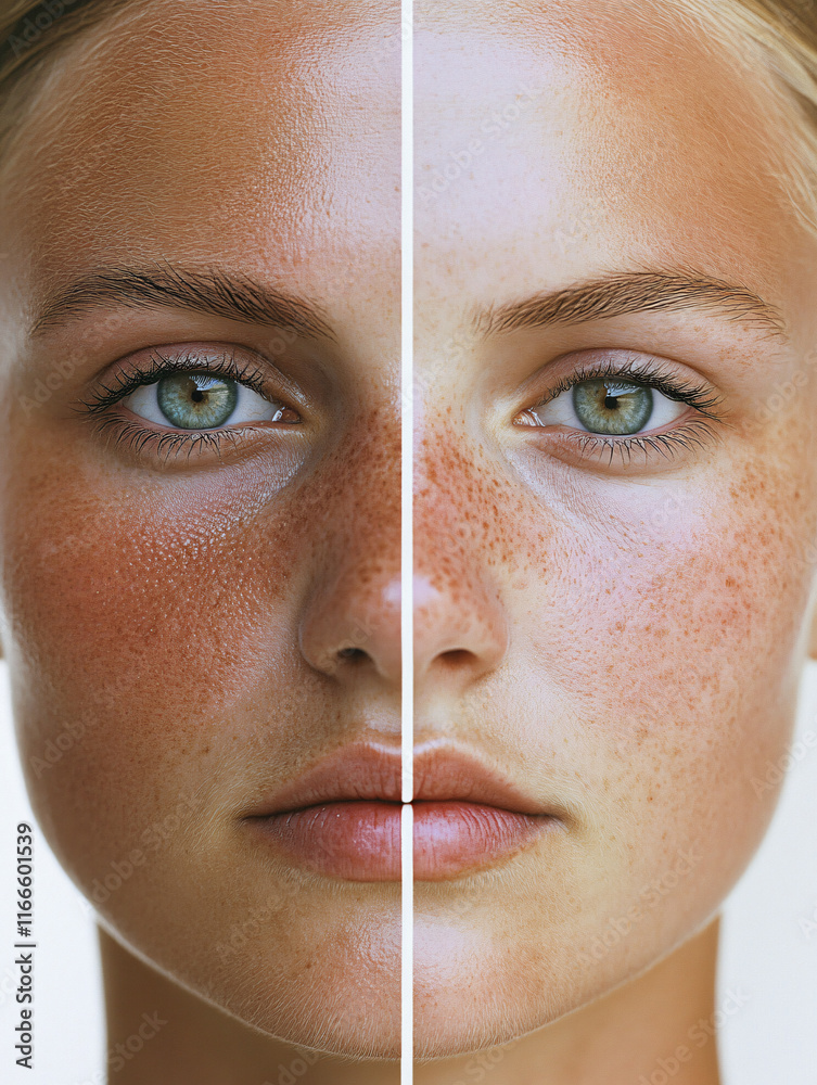 Split-screen comparison Australian women combination skin texture ...