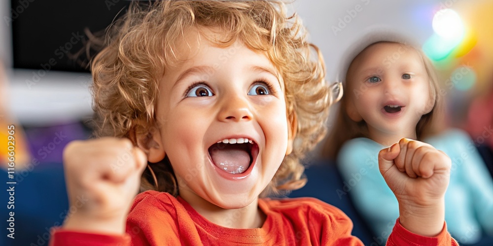 young happy children having fun sitting on couch both in full focus ...