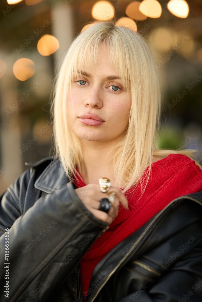 Ukrainian model wearing red and black posing in urban setting Stock ...