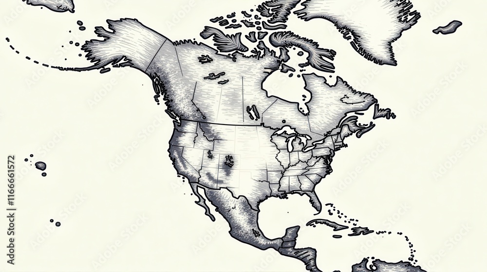 Hand-drawn map illustrating the North American continent, showcasing ...