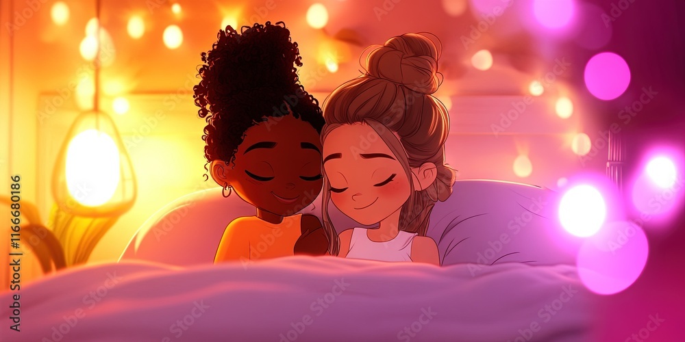 2D animation cartoon of black woman and white woman cuddling in bed ...