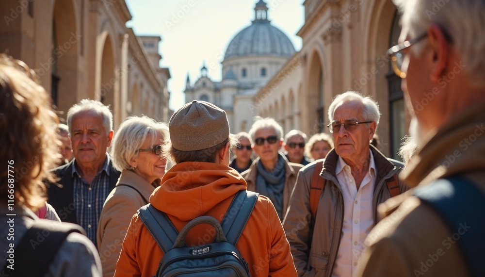 Older travelers on guided walking tour through historic streets ...