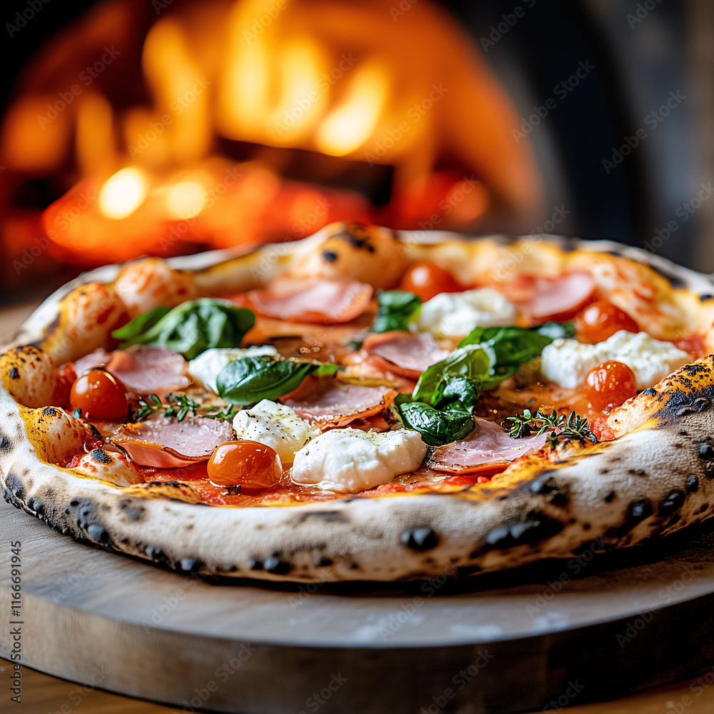 Delicious pizza with burrata, prosciutto, and rocket baking in a wood ...