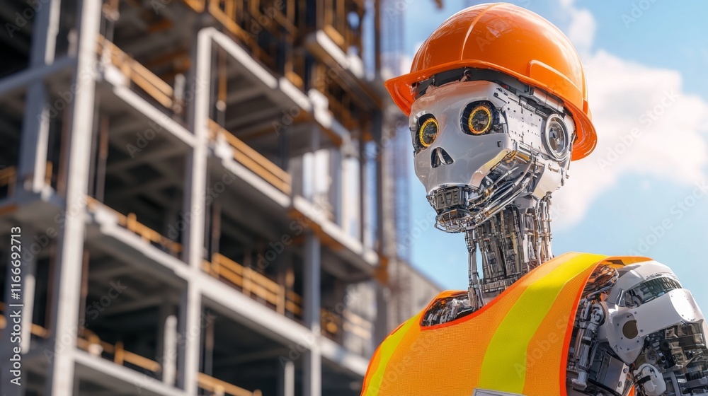 Robotic construction worker in orange hard hat and high-visibility vest ...