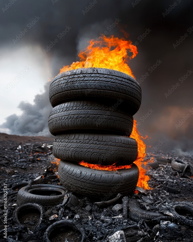 Stacked Tires Burning in Flames against Dark Smoke Background ...