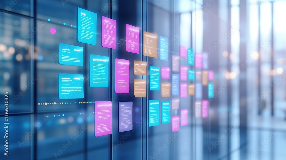 Digital Innovation: A futuristic wall displays vibrant, glowing digital ...