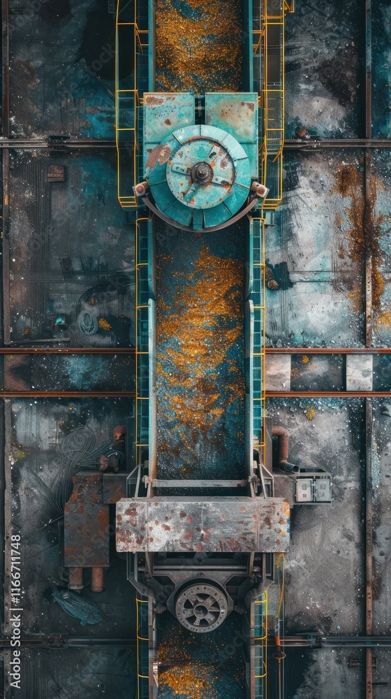 Aged and worn industrial machine dial with intricate mechanical details ...