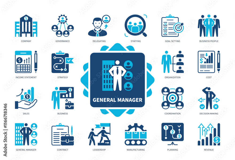 General Manager icon set. Governance, Staffing, Coordination, Planning ...