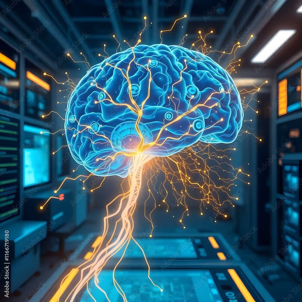 AI Brain with Neural Pathways: Digital brain graphic with glowing ...