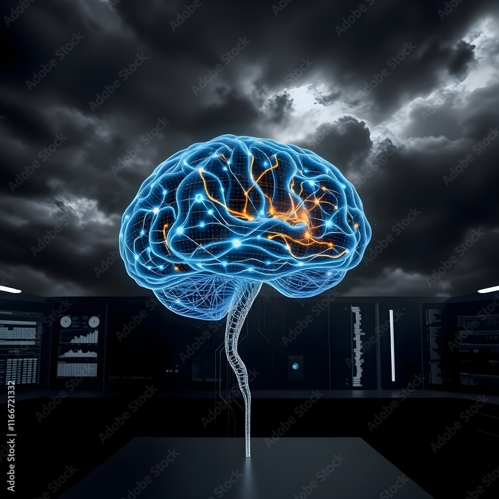 Digital Brain and Storm Clouds: AI concept graphic with glowing neural ...