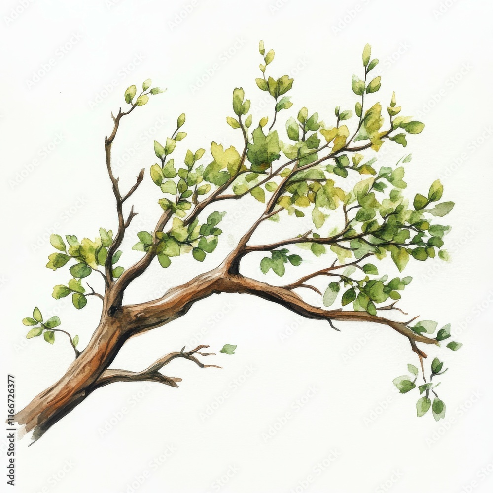 watercolor drawing of a tree branch is horizontal with leaves on a ...
