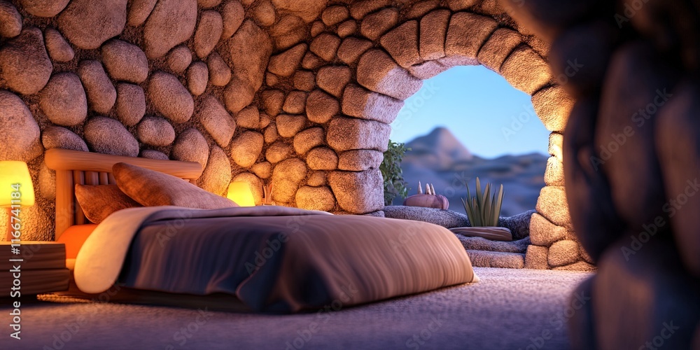 2d animated cartoon stone bedroom, cave interior, well lit, prehistoric ...