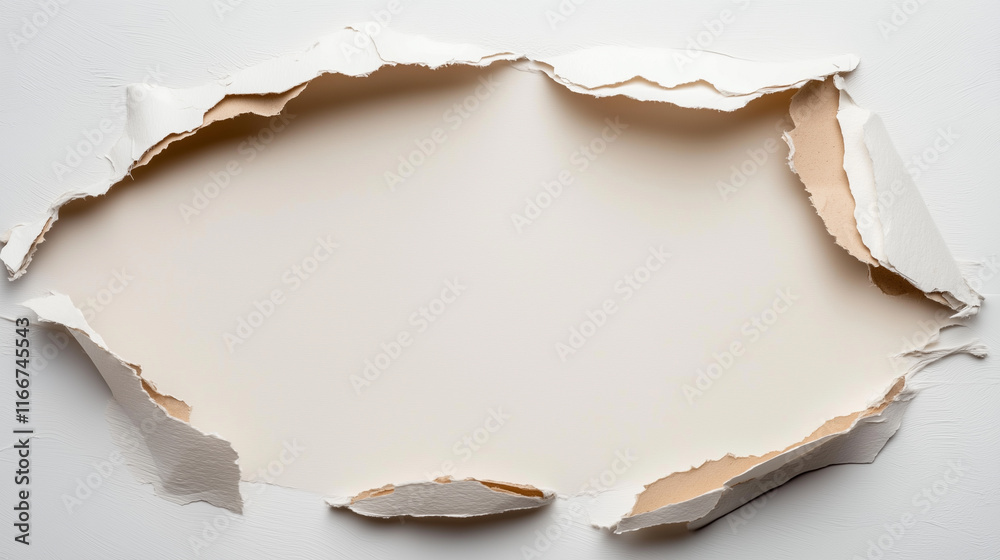 Ripped white paper or wallpaper creating an oval shaped hole revealing ...