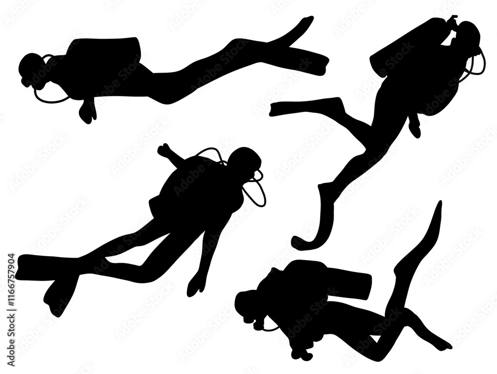 Freediving snorkeling adventure. Dive swimming people silhouettes. Set ...